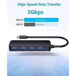 USB C Hub, 4-Port USB 3.0 Hub 5Gbps High Speed Data Transfer, USB Splitter USB Expander for Laptop, Xbox, Flash Drive, HDD, Console, Printer, Camera, Keyborad, Mouse