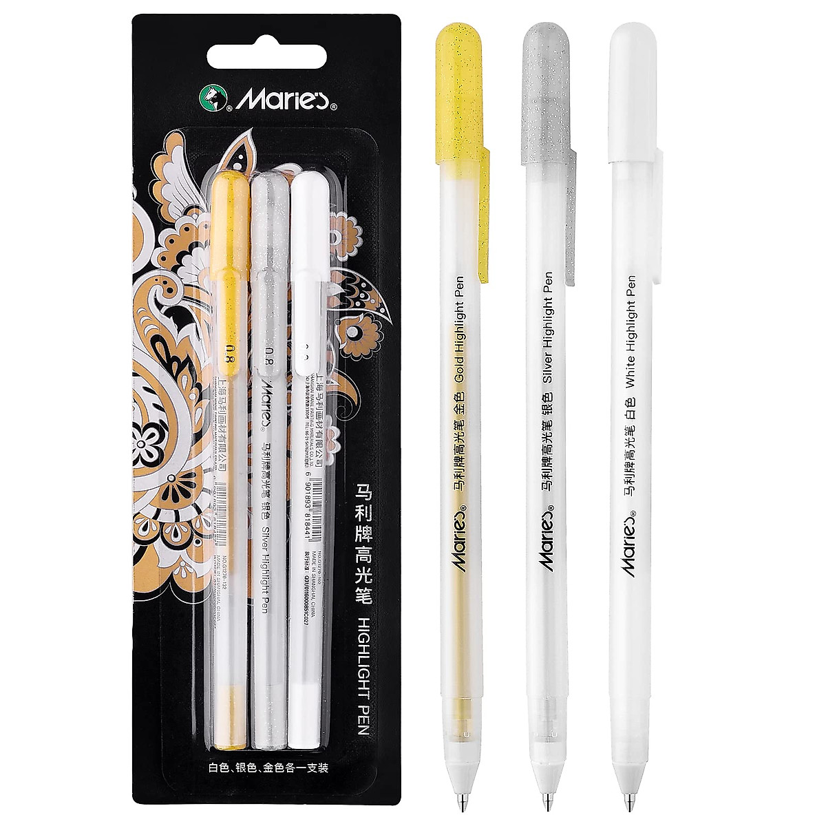 Premium 3 Colors Gel Pen Set - White, Gold and Silver Gel Ink Pens, Archival Ink Fine Tip Sketching Pens For Illustration Design, Art Drawing, Black Paper Drawing, Adult Coloring Book, Pack of 3
