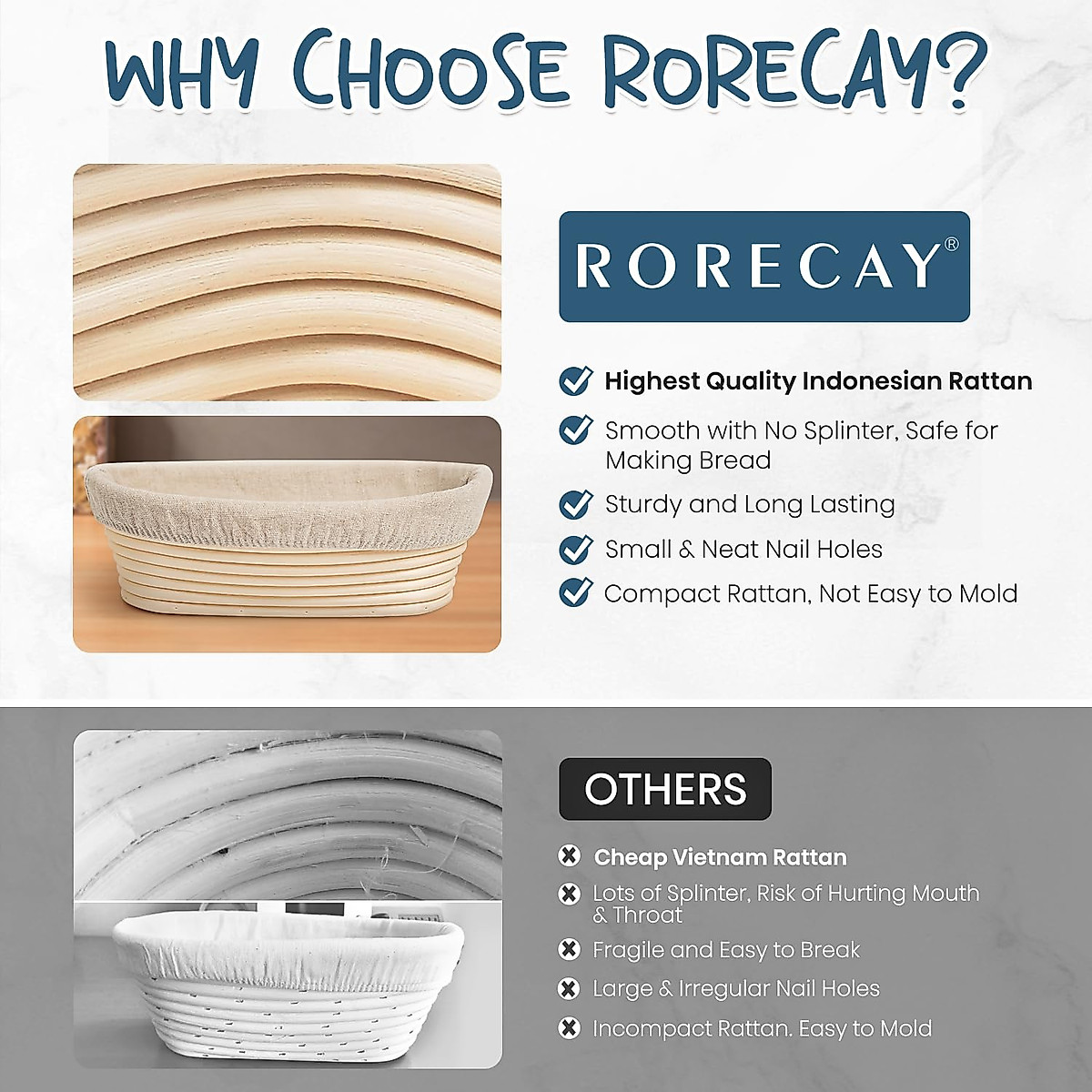 RORECAY Bread Banneton Proofing Basket Set of 2, 9 Inch Round & 10 Inch Oval Cane Sourdough Baskets with Bread Lame + Dough Scraper + Linen Liner + Basting Brush for Bread Making Baking Fermentation