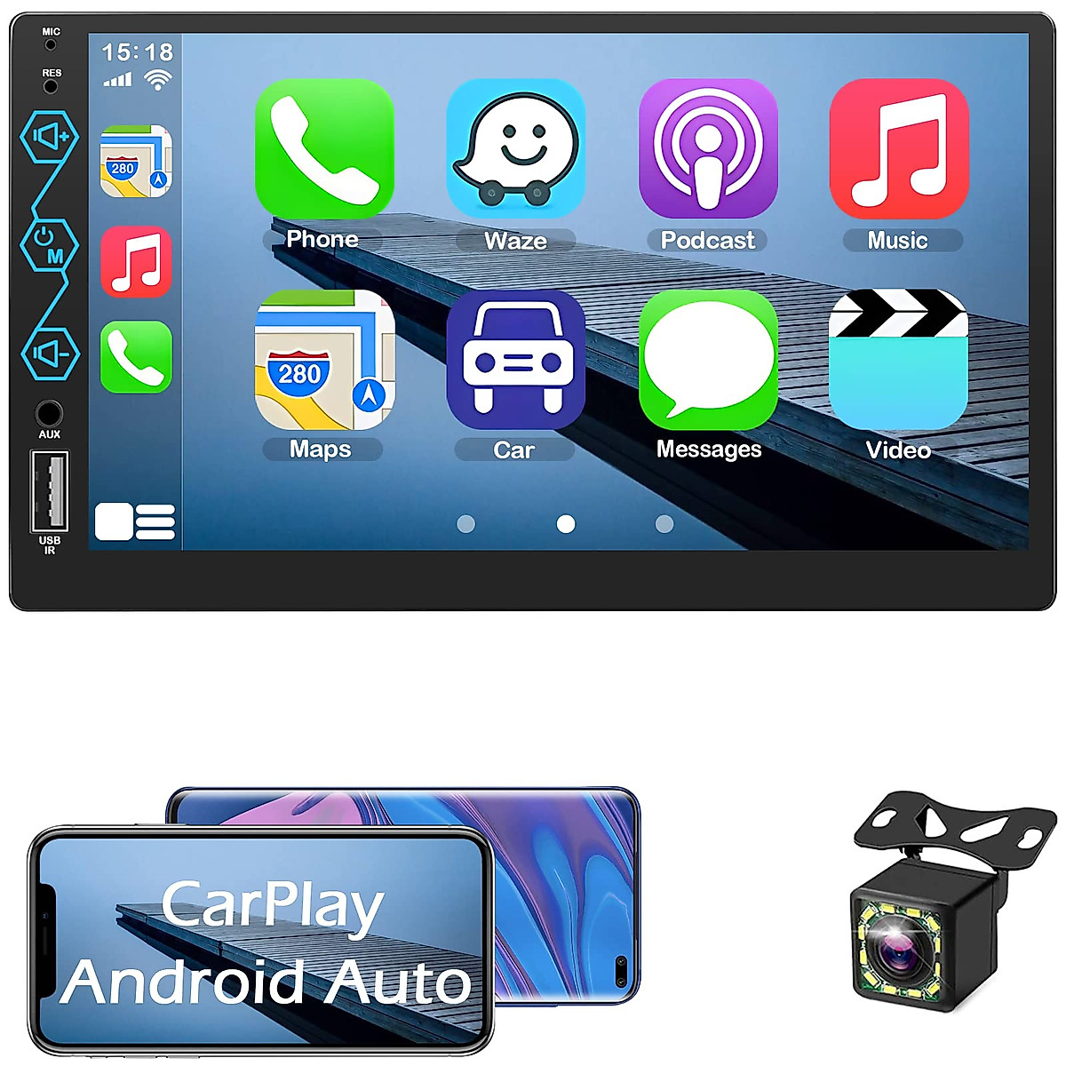 7 Inch Double Din Car Stereo System Compatible with Apple Car Play and Android Auto, Touch Screen Car Radio with Voice Control, Bluetooth 5.2, Subwoofer, A-Link, Backup Camera, FM/AM