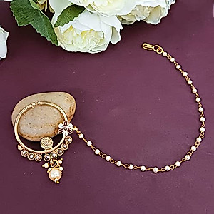 Efulgenz Indian Jewelry Kundan Crystal Nose Ring Hoop Pin Stud Fake Septum Ring with Chain Nose to Ear Chain Non Piercing Body Jewelry