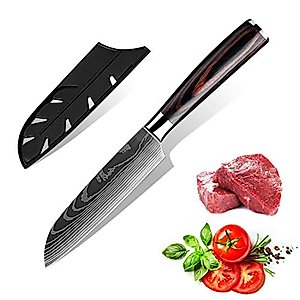 KEPEAK Santoku Knife 5 Inch, Kitchen Chopping Knives for Vegetable Fruit Cutting Slicing, High Carbon Steel, Pakkawood Handle