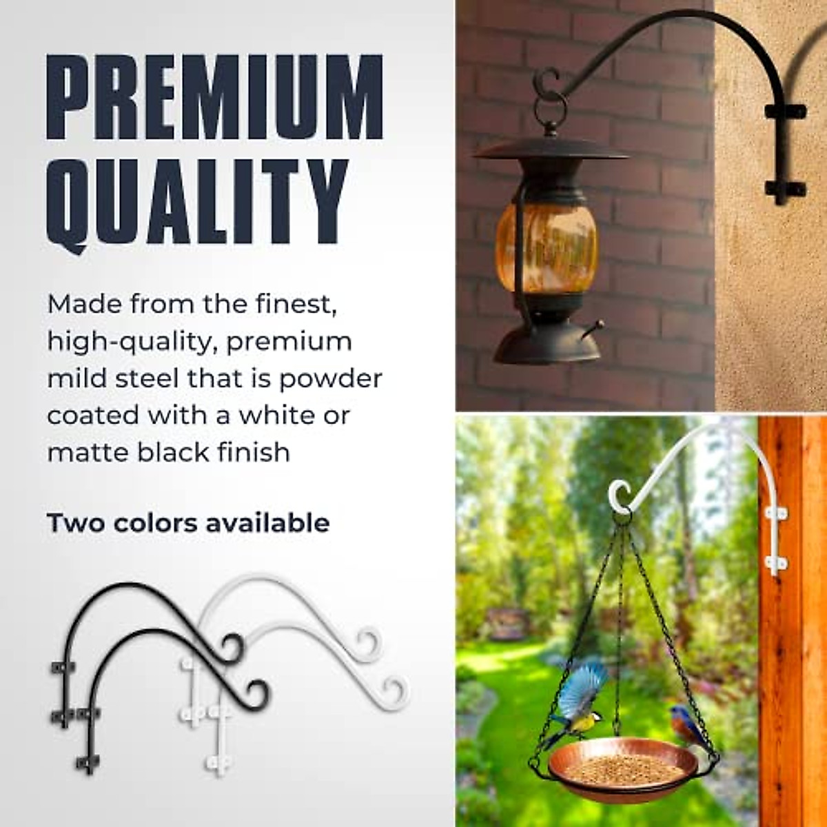 Monarch Abode Wall Mounted Plant Hooks, 14" Premium Metal Decorative Hanging Brackets for Indoor & Outdoor Use, Set of 2, Black