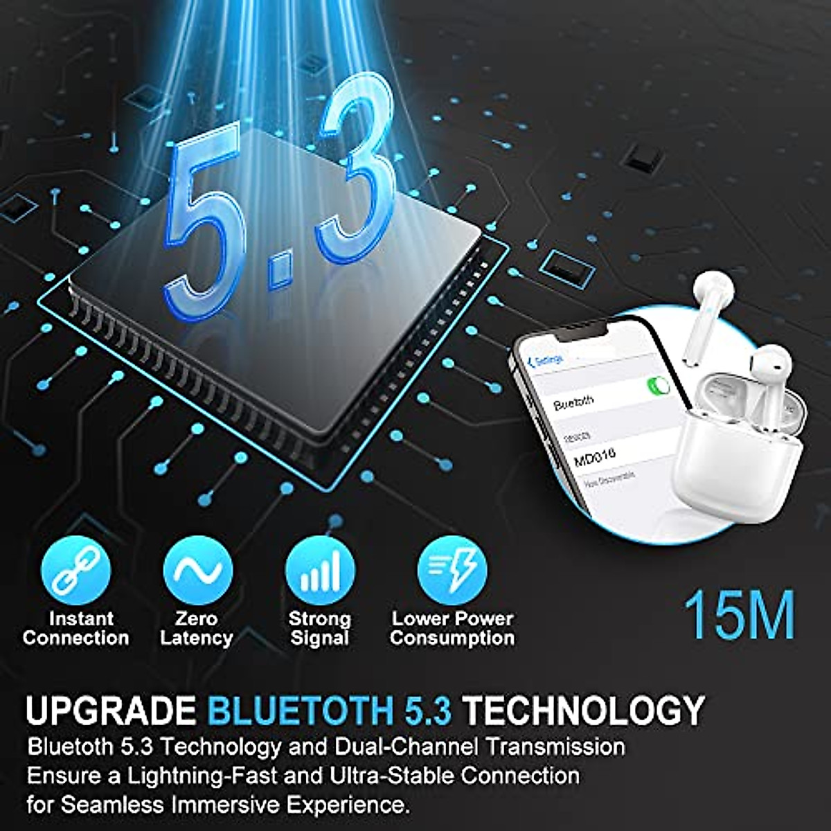Wireless Earbud, Bluetooth 5.3 Headphones 2022 Bluetooth Earbud with 4 ENC Mics, Wireless Earphones in Ear Noise Cancelling Wireless Headphons Deep Bass IP7 Waterproof Ear Buds for iOS Android USB-C