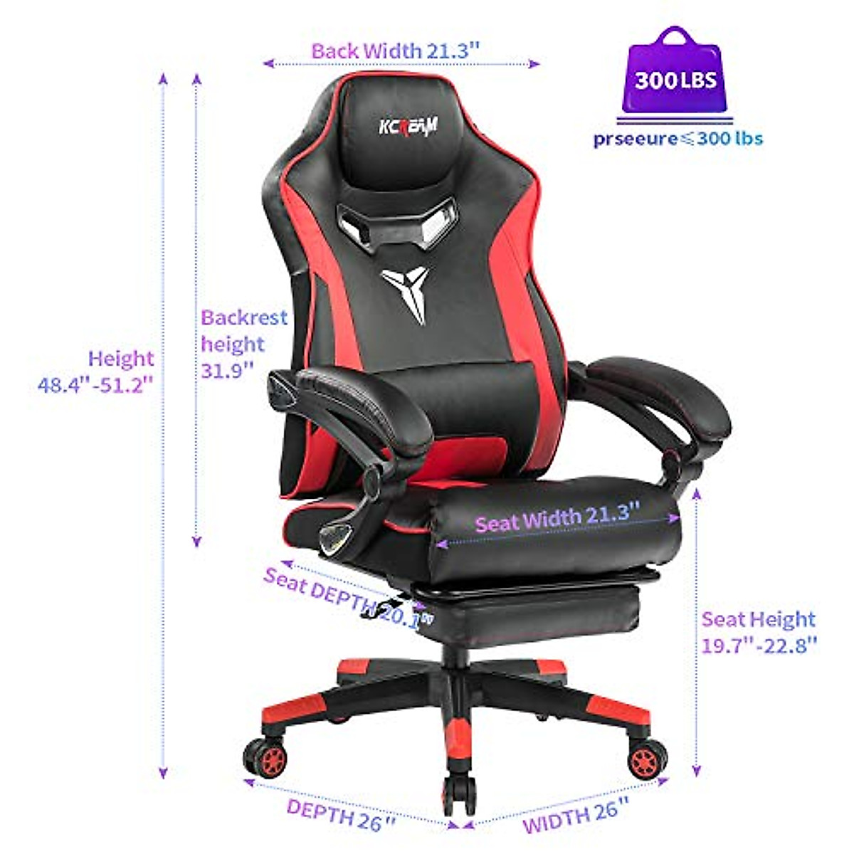 KCREAM Gaming Chair Computer Desk Chair with Footrest Racing Style Ergonomic Game Chair with Build-in Lumbar Support and Adjustable Recliner High Back Leather E-Sports Chair for Adult (8521-red)