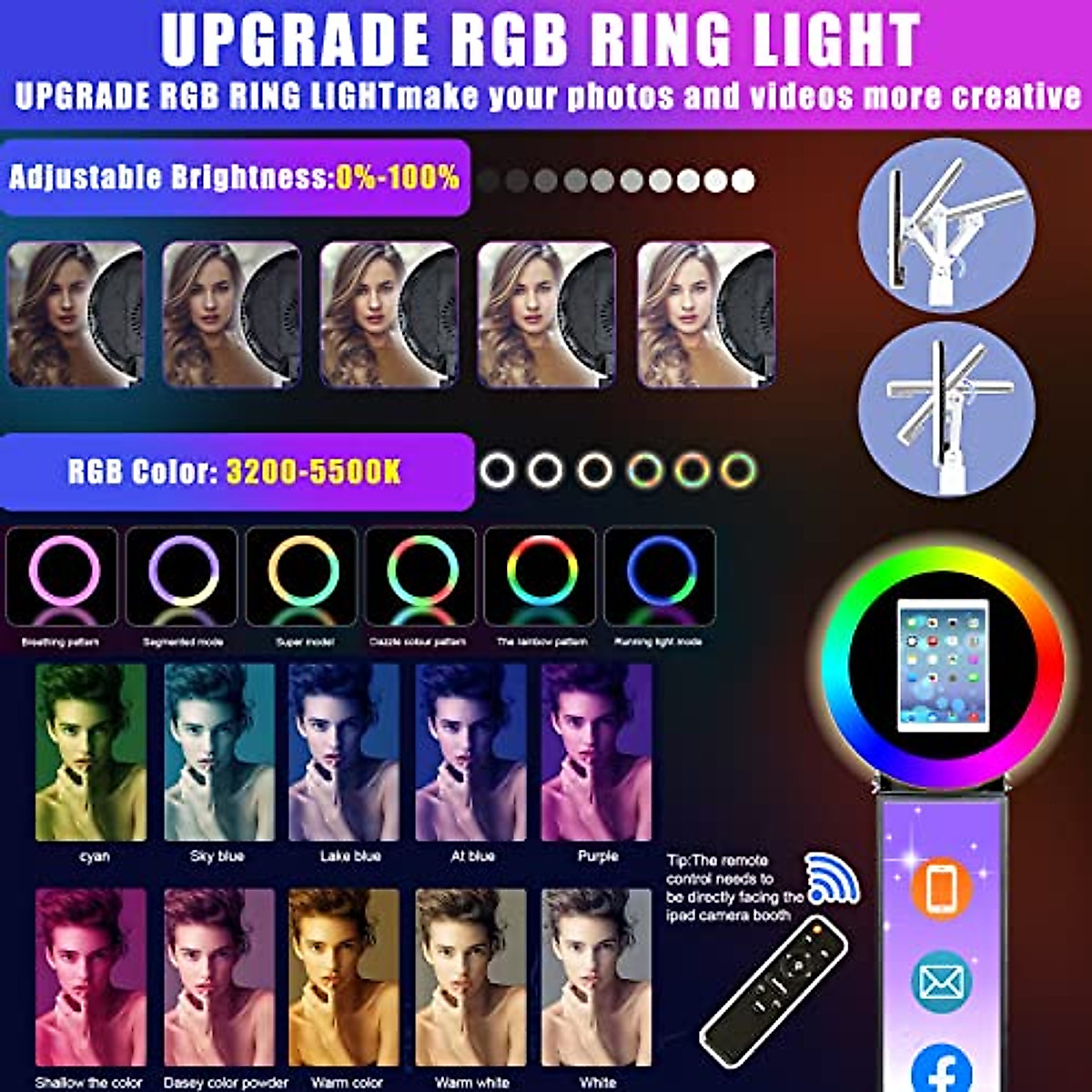 RDYMONKEY Portable Photo Booth for 12.9" Ipad, Metal Shell Stand Selfie Machine with Advertise Light Box, Adjustable RGB LED Ring Light,for Parties, Wedding, Exhibition, Rental Business