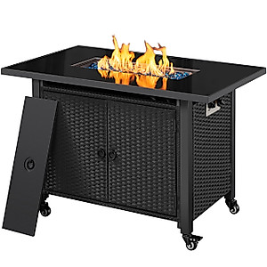 Yaheetech 43in Fire Pit Propane Fire Pit 50,000 BTU Gas Fire Pit Table with Two Storage Shelves, Glass Tabletop, Rattan Wicker Base and Waterproof Cover for Garden/Patio, CSA Certification