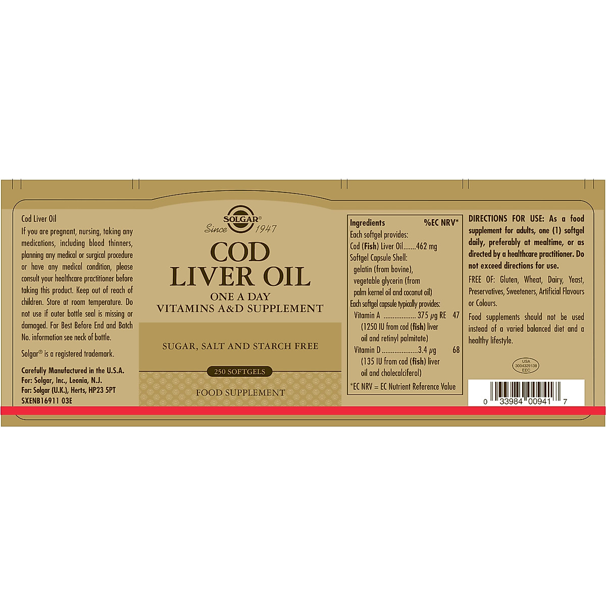 Solgar Cod Liver Oil, 250 Softgels - Supports Healthy Immune System, Healthy Eyes & Vision & Bone Health - Vitamin A & D Supplement -, Gluten Free, Dairy Free - 250 Servings