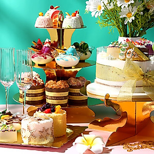 Zopeal 7 Pieces Cake Stand Set 3-Tier Cardboard Cupcake Stand 1-Tier Cake Stand Round Dessert Stand Rectangle Serving Tray Reusable Platters Cupcake Holders for Desserts Birthday Party(Gold)
