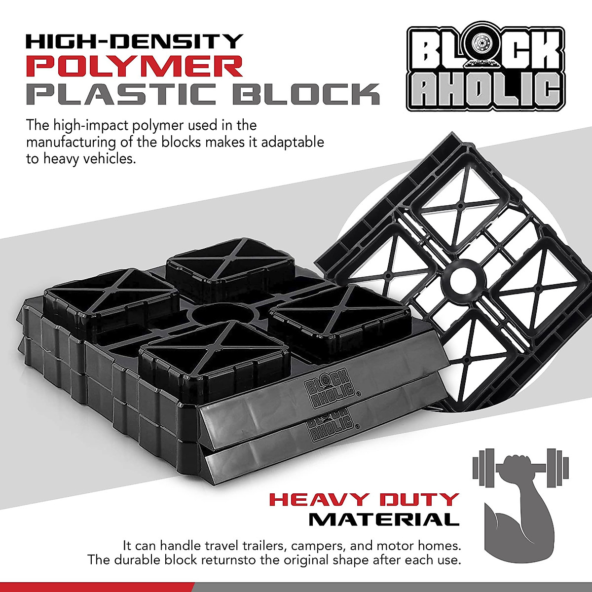 Blockaholic RV Leveling Blocks - 10 Pack of Leveling Blocks with Built-in Ramps and Carrying Strap - Lift Your RV up to 4 Inches with Fast Snap Blocks - Trailer Leveling Made Easy
