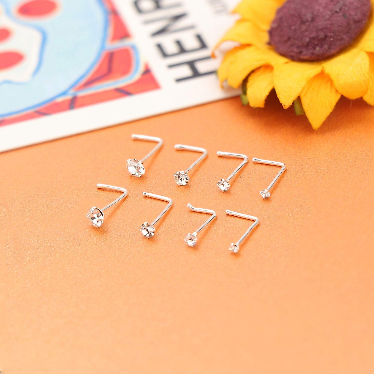Sllaiss 22G 8Pcs Small L Shape Nose Rings Piercing Pin Studs for Women Men 925 Sterling Silver Nose Studs Rings Body Jewelry 1.5mm 2mm 2.5mm 3mm Hypoallergenic