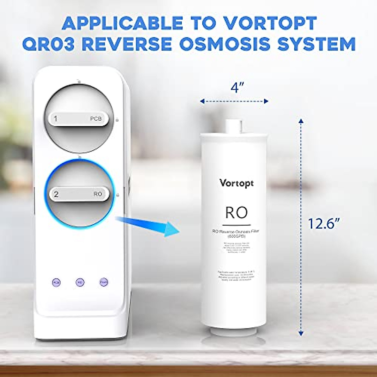Vortopt QR03 Reverse Osmosis System RO Replacement Filter Cartridge, 24 to 36 Month Lifetime, 600GPD, QR03-RO