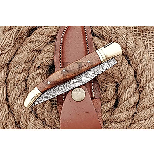 HUNTEX Custom Handmade Hand-Forged Twist Pattern Damascus Steel 4 Inch Long Natural Rosewood Handle Razor Sharp Hunting Camping Folding Pocket French Lagouli Knife with Genuine Leather Pouch