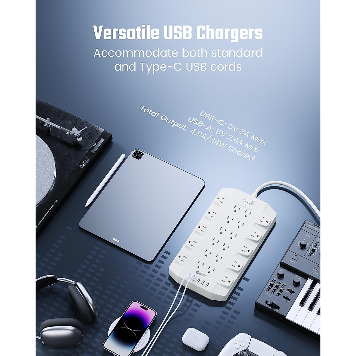 Power Strip, SUPERDANNY Surge Protector with 22 Outlets, 2 USB-C and 4 USB-A, 2100J, 6.5Ft Flat Plug Heavy Duty Extension Cord (1875W/15A), Wall Mountable for Home, Office, Dorm, Gaming Room, White