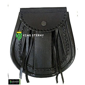 Scottish Kilt Black Leather Sporran of ROB ROY Jacobite with Lace Tassels & Chain Belt Medium