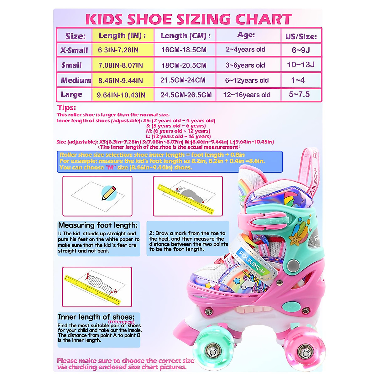 Rainbow Unicorn Kids Roller Skates for Girls Boys Toddler Ages 2-4,4-Pejiijar Adjustable Roller Shoes with Luminous Wheels for Birthday Xmas Gifts.