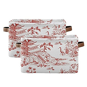 Kigai 2 Pack Storage Basket Chinoiserie Style Foldable Storage Box Laundry Hamper with Handle Toy Storage Bin for Home Closet Office Shelf