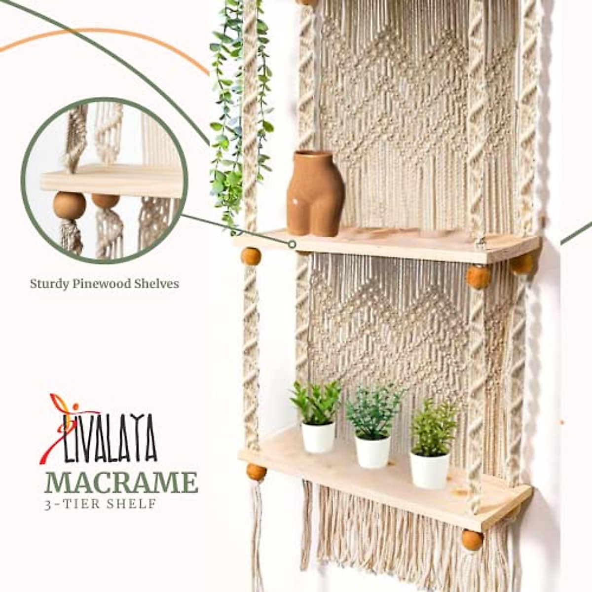 LIVALAYA 3-Tier Macrame Wall Hanging Shelf for Boho Hanging Wall Decor Shelves for Bedroom Bathroom, Nursery Bohemian Shelf for Cute Indoor Plants, Farmhouse Woven Rope Picture Holder Boho Bookshelf