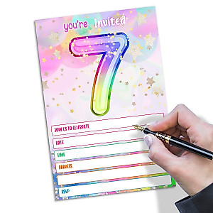 MUZRUYOU 7th Birthday party Invitation Cards, Rainbow Holographic invite with Envelopes（20 pack