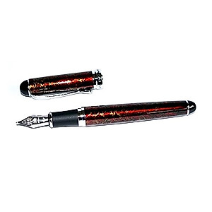 Writers Pens Jinhao X750 Lava Red Fountain Pen Set - Black Velvet Sleeve, 10 Blue Ink Cartridges - Medium Nib, Red & Gold Barrel with Silver Color Trims, Removable Ink Converter