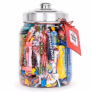 Candy Jar Filled With Your Favorite Party Mix, Blow Pops, Cherry Heads, Gold Bears, Laffy Taffy, Sour Punch, & More - 1.75 Pounds Gift Ready Clear Plastic Jar with Silver Lid