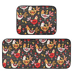 2 Piece Kitchen Rugs and Mats, Cute Rooster Chicken Cushioned Kitchen Mat Anti-Fatigue Comfort Floor Mat Non Slip Kitchen Rug Standing Mats for Kitchen, Sink, Bathroom, Laundry(20x47 Inch+20x28 Inch)