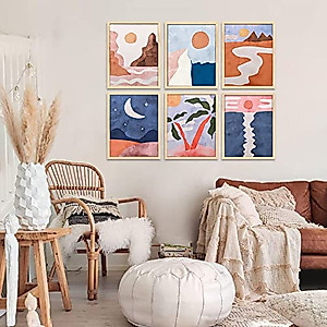 ArtbyHannah 8x10 Boho Framed Wall Art Set of 6 with Mid-Century Bohemian Motifs for Home Gallery Wall Art Decor