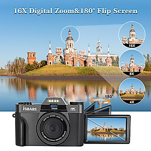 ISHARE Digital Camera for Photography, 4K 48MP Vlogging Camera for YouTube with WiFi, 3-inch 180-degree Flip Screen, 16X Digital Zoom, 52mm Wide Angle & Macro Lens, 32GB TF Card and 2 Batteries