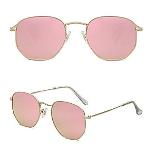 SOJOS Small Square Polarized Sunglasses for Men and Women Polygon Mirrored Lens SJ1072 with Gold Frame/Pink Mirrored Lens
