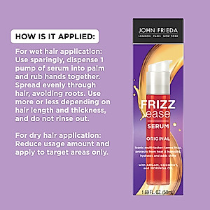 John Frieda Frizz Ease Original Hair Serum, Protecting Against Frizz, Heat, and Humidity While Adding Shine, Smooths Strands and Hydrates Parched Hair with Argan, Coconut, and Moringa Oil, 1.69 Oz