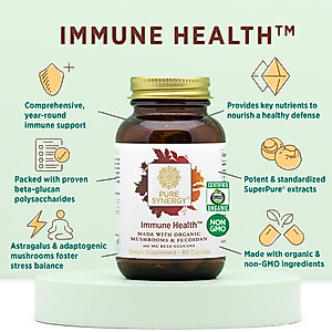 PURE SYNERGY Immune Health | Immune Support Mushroom Supplement | Astragalus and Beta-Glucan Extracts with Organic Functional Mushroom Extracts | for Year-Round Support (60 Capsules)
