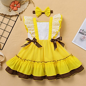 Toddler Baby Girl Ruffle Tutu Dress First Birthday Cake Smash Outfits Princess Polka Dot Bowknot Rainbow Floral Pageant Tea Party Dresses Baby Easter Baptism Dress Up Yellow Floral 12-18 Months