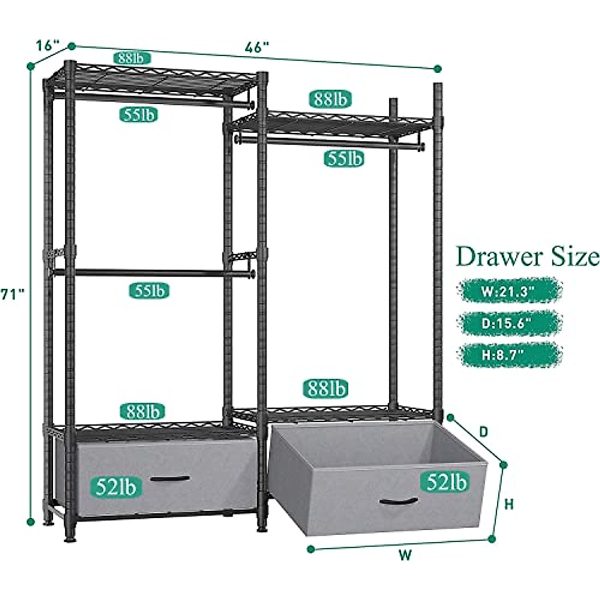 REIBII Clothes Rack,Clothes Racks for Hanging Clothes Rack Heavy Duty Clothing Rack Load 620LBS Clothing Racks for Hanging Clothes Adjustable Portable Garment Rack Free Standing Wardrobe Closet