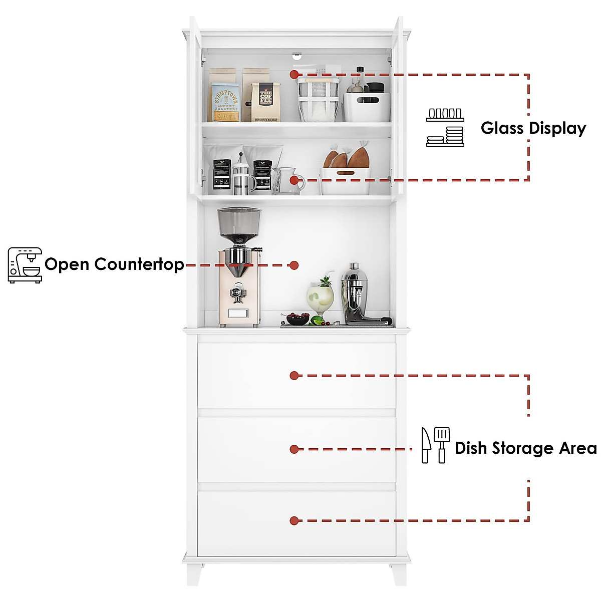FACBOTALL 76'' Kitchen Pantry Storage Cabinet, Kitchen Buffet with Hutch, Tall Hutch Cabinet with Glass Doors, Coffee Countertop and 3 Large Drawers for Dining Living Room, White