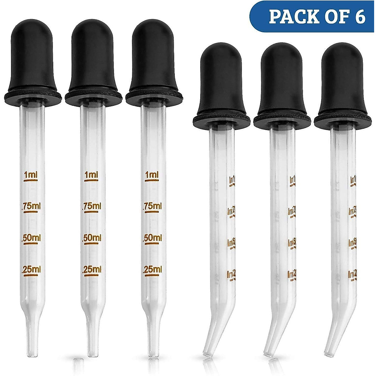 Eye Dropper - 6-Pack, Bent & Straight Tip Calibrated Glass Medicine Droppers for Essential Oils | Pipette Dropper for Accurate Easy Dose & Measurement (1mL Capacity)