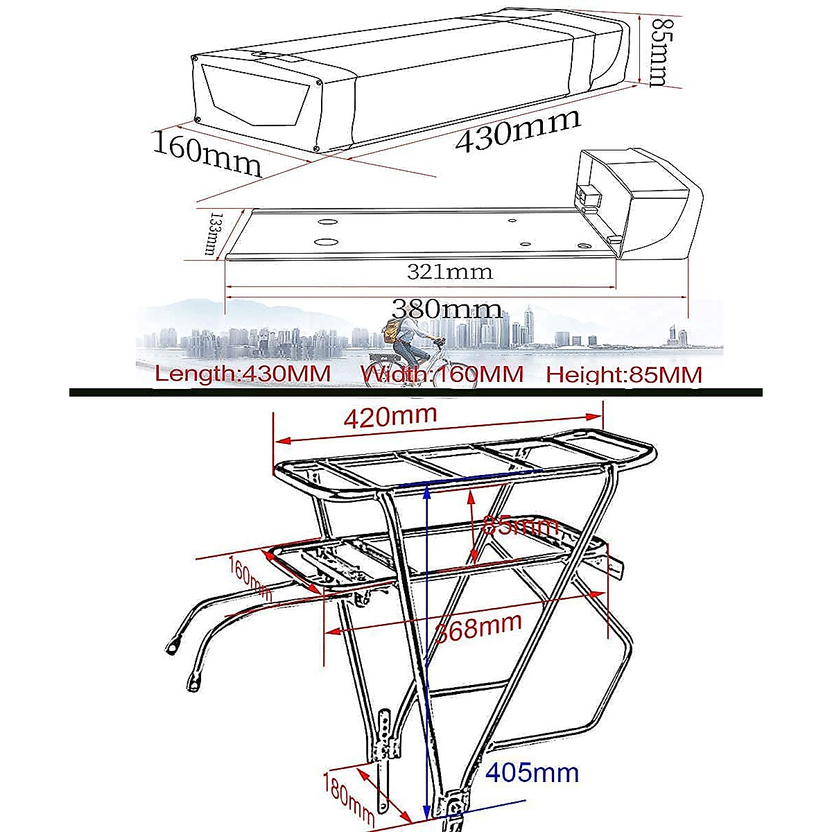 Unit Pack Power 48V 20Ah Rear Rack Ebike Battery - Lithium Battery for 1000W 750W 500W 350W Bafang Mid Drive and Voilamart AW and Other Motor (48V 20Ah 200-1000W)