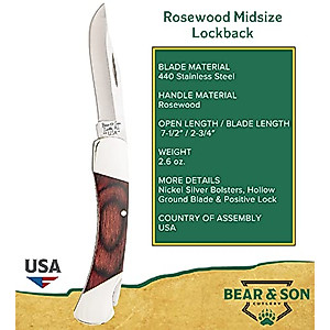 Bear & Son 205R Rosewood Midsize Lockback Knife, 3 3/4-Inch