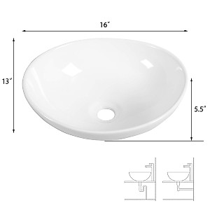 Giantex Bathroom Sink, Vessel Sink 16x13 Inch, Basin Porcelain with Anti-clogging Pop Up Drain, Countertop Bathroom Vanity Vessel Sink, Oval Ceramic Sink Bowl, Bathroom Vessel Sink, White