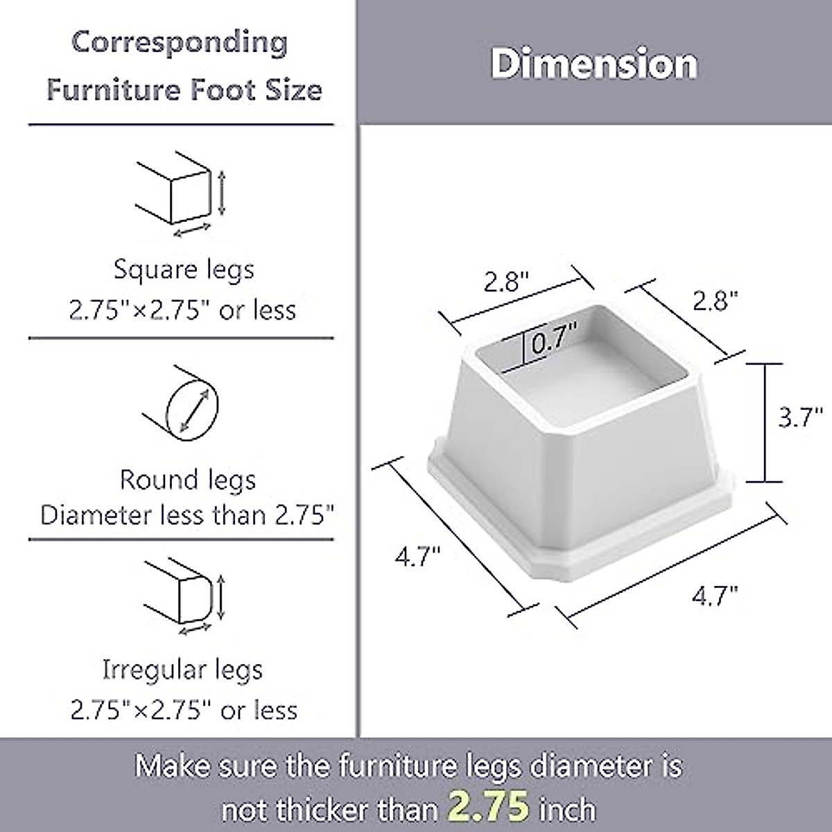 Napnapday Bed Risers 3 Inch Heavy Duty Bed Furniture Elevators, 1,500 lbs Lifts Up Riser for Sofa and Table Set of 4, White