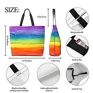 YUMQSEOS Kitchen Reusable Grocery Bags Large Tote Bag Reusable Casual Handbag for Lunch Travel Shopping - Colorful Striped Rainbow