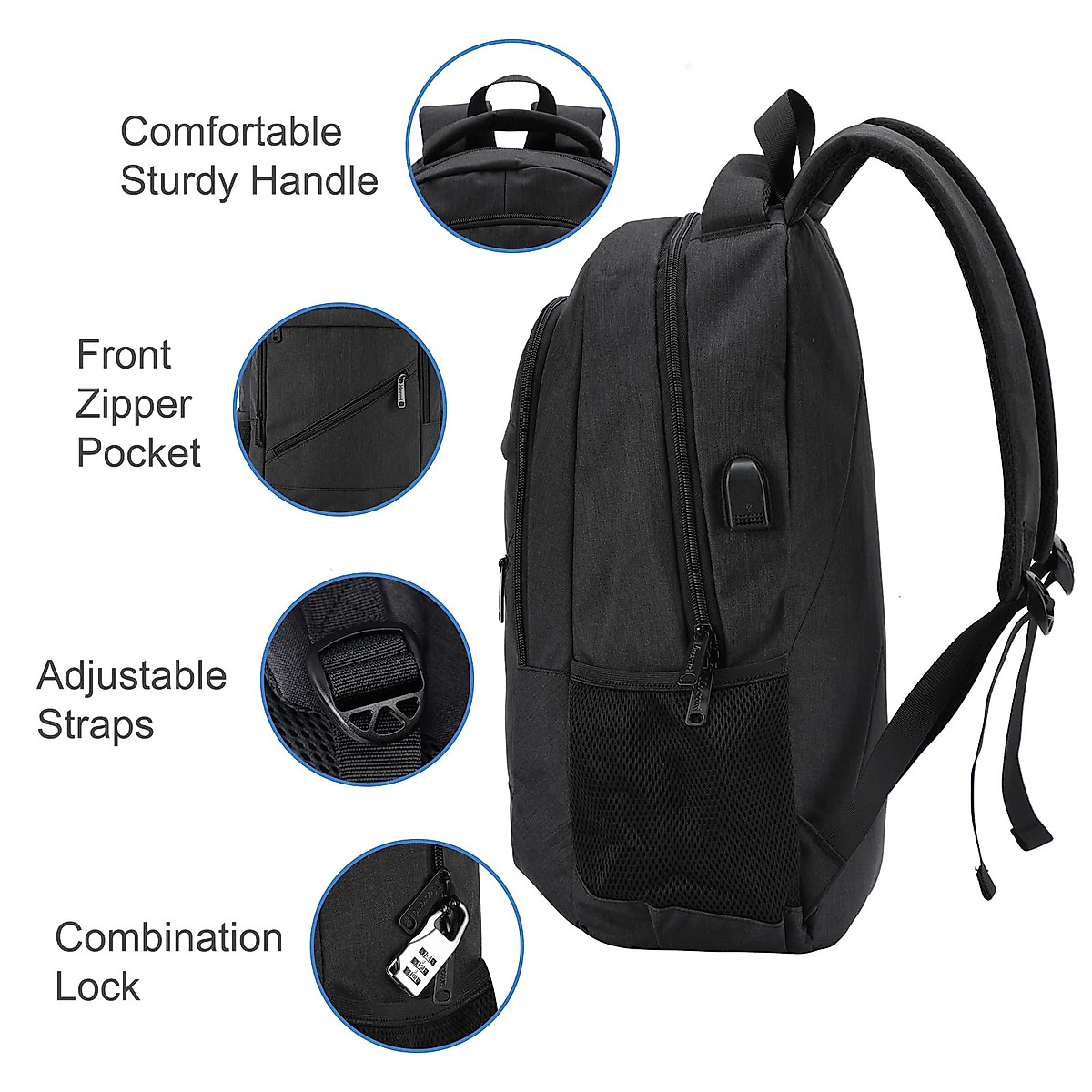 Mecrowd Laptop Backpack for Men, Anti Theft Backpack with USB Charging Port, 15.6 Inch Large Backpack for Travel Business (Black)