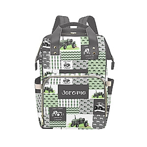 Urcustom Personalized Name Diaper Bag Backpack Retro Car Tractor Patchwork Green Multifunction Travel Backpack Nappy Bag Daypack for Mom Dad Boy Girl 10.83" L * 6.69"W * 15"H
