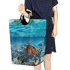XLING Collapsible Laundry Basket Tropical Fish Ocean Animal Turtle,Foldable Laundry Hamper Washing Clothes Basket Bin Storage Bag Organization with Handles