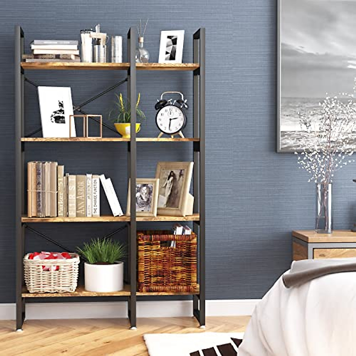 Easyzon 4 Tier Bookcase and Bookshelf, Rustic Industrial Bookshelf, Large Etagere Bookshelf Open Display Shleves with Metal Frame for Living Room Bedroom Home Office, Rustic Brown