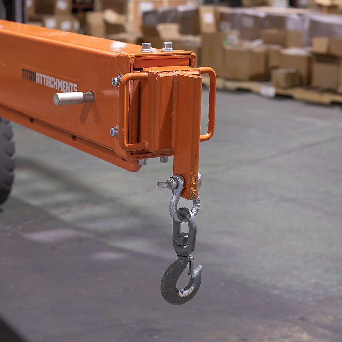 Titan Attachments Fork Mounted Adjustable Hoist Jib Boom Crane, Manual Telescopes 79"-147", 6000 LB Lift Capacity, Two 3 Ton Swivel Hooks, Ideal for Warehouse or Factories