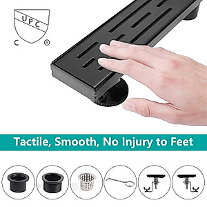 BARONAGE 24 Inch Linear Shower Drain - Rectangular Bathroom Shower Floor Drain with Brickwork Pattern Grate, AISI 304 Included Adjustable Feet Threaded Adapter Hair Strainer Matte Black CUPC Certified
