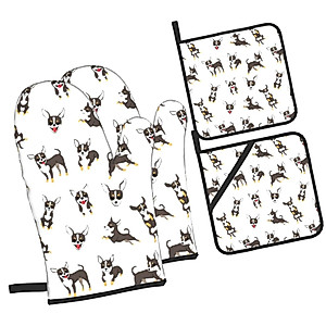 Cute Chihuahua Pattern Oven Mitts and Pot Holders Sets Kitchen Hot Pad Non-Slip Heat Resistant Waterproof Baking BBQ Cooking Gloves(4 Piece)