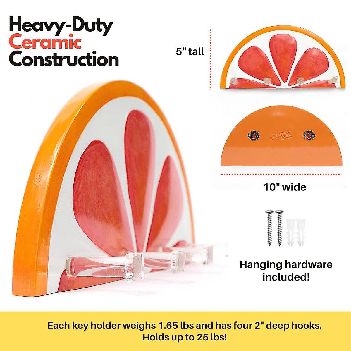 Jubi Key Holder Wall Mount, 3D Blood Orange Slice Design – Decorative Hooks for Hanging, Modern Entryway Wall Decor, Aesthetic Jewelry Organizer – Unique Gifts Heavy Duty Ceramic Hand-Painted