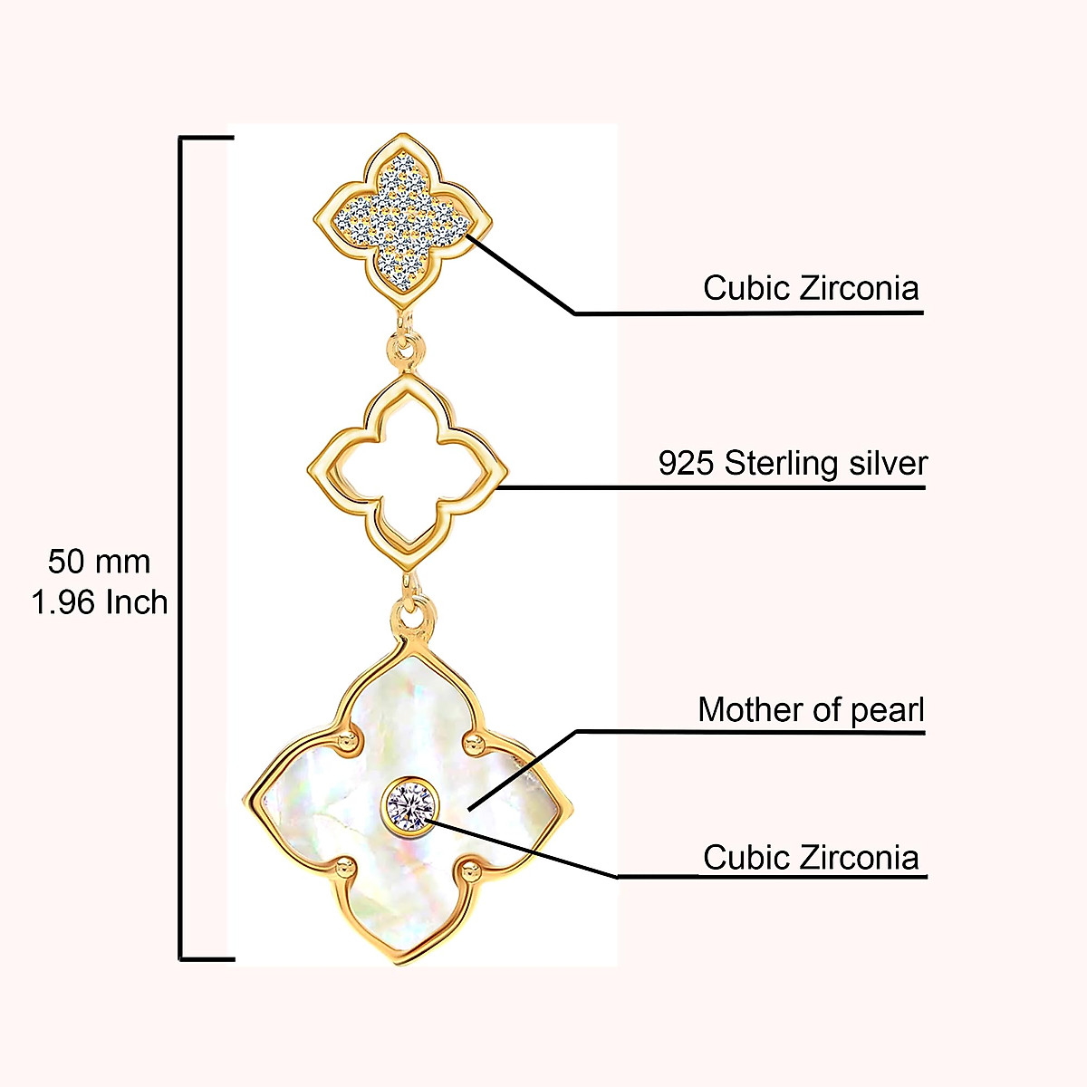 LeCalla 925 Sterlings silver Mother of Pearl Long Drop Earrings | 14K Gold-Plated CZ Three Clover Flower Drop Dangle Earring Mother's Day Gift for Women