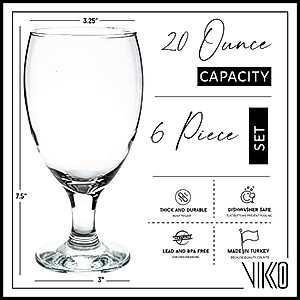 Vikko Classic Goblet Party Glasses, Iced Tea Glasses 20 Ounce, Set of 6 Goblets, Water Glasses, Dishwasher Safe Durable Glassware